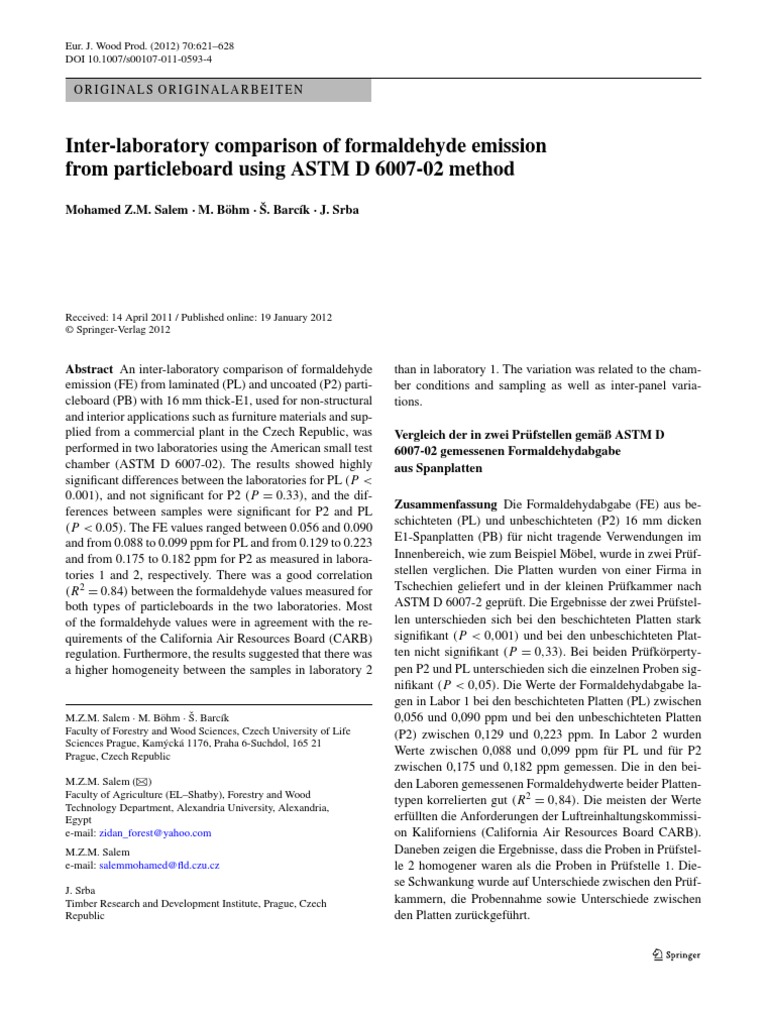 Inter-Laboratory Comparison of Formaldehyde Emission From Particleboard ...