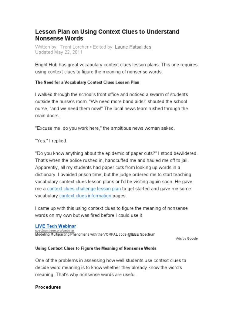 Context Clues Lesson Plan | PDF | Teaching And Learning | Poetry