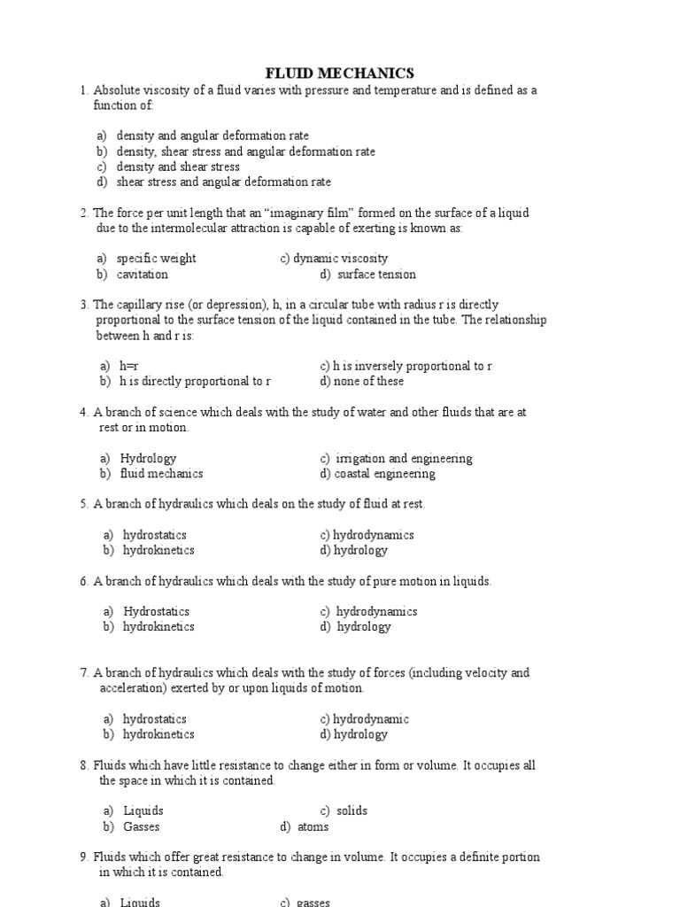 Fluid Mechanics Exam Questions | PDF | Buoyancy | Pressure