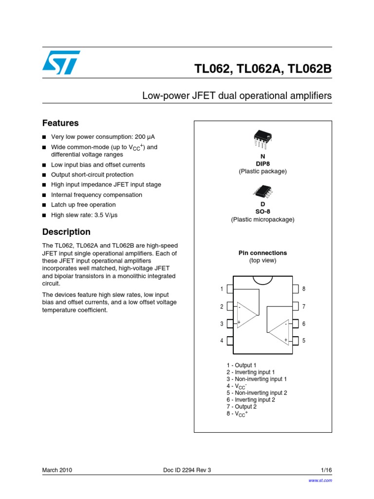 TL062, TL062A, TL062B: Low-Power JFET Dual Operational Amplifiers | PDF | Operational Amplifier ...