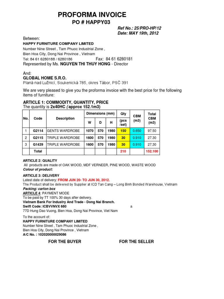 Proforma Invoice for Furniture Order | PDF
