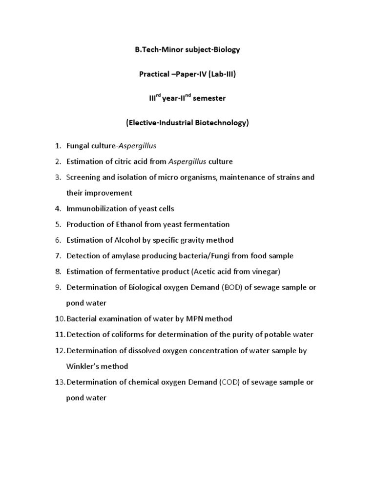B.Tech-Minor Subject-Biology Practical - Paper-IV (Lab-III) III year-II Semester (Elective ...