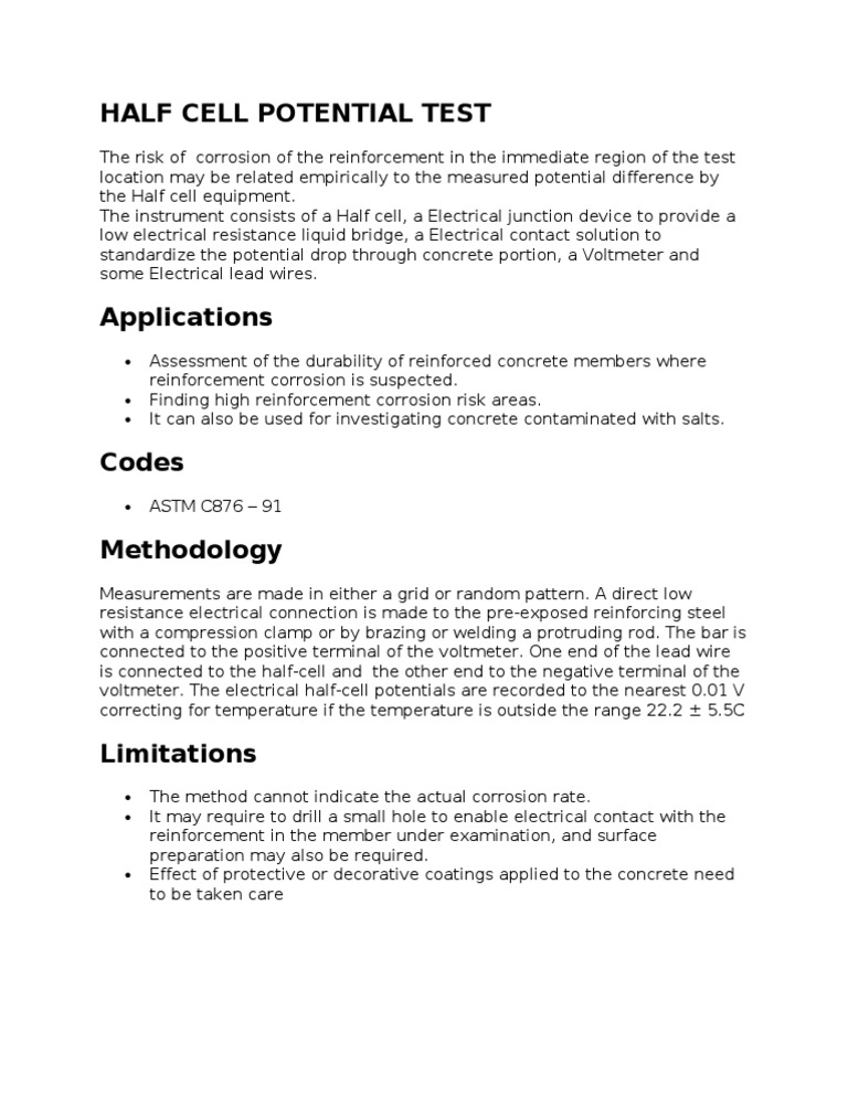 Half Cell Potential Test - Doc (Limitation) | PDF