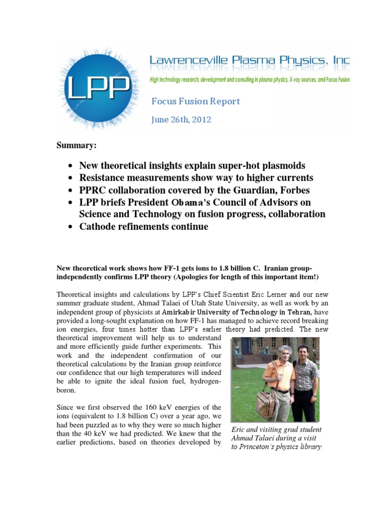 Focus Fusion Report, June 26, 2012-Public | PDF | Fusion Power | Electron