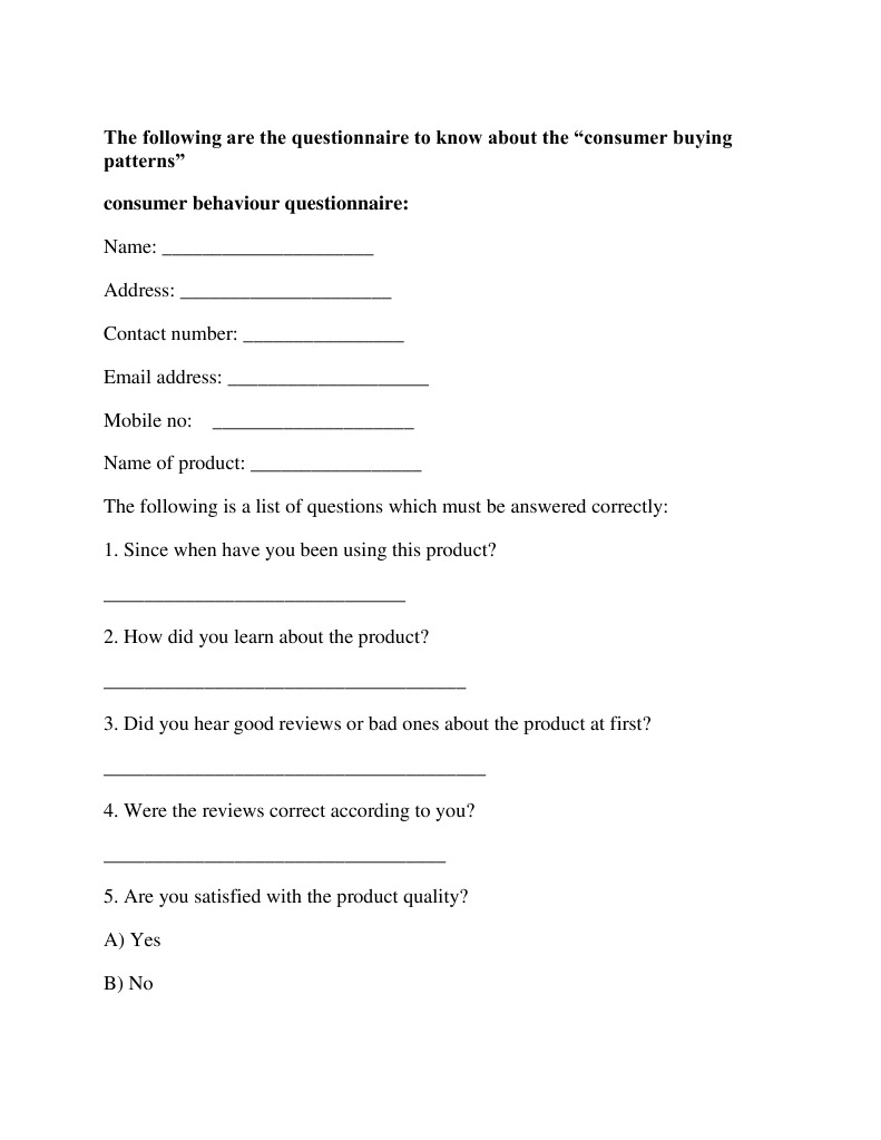 Consumer Behaviour Questionnaire | PDF