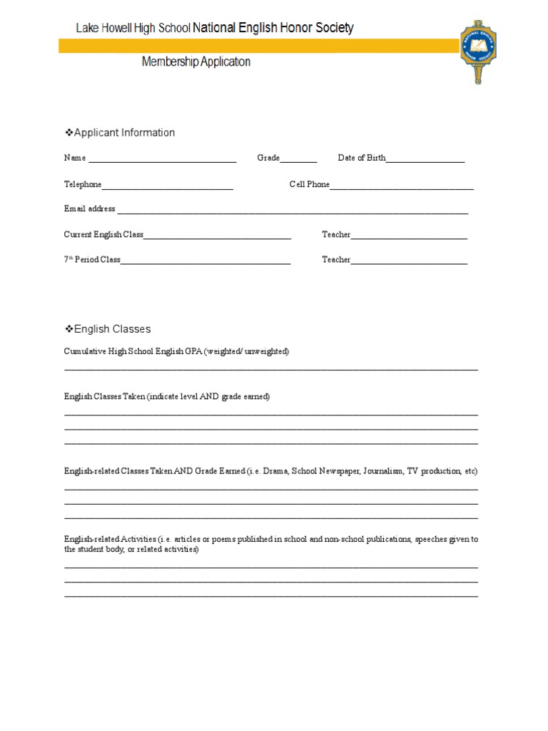NEHS Membership Application Form | PDF | Career & Growth