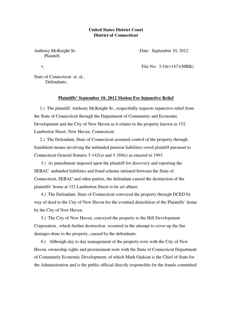 Motion for Injunctive Relief | Connecticut | Damages