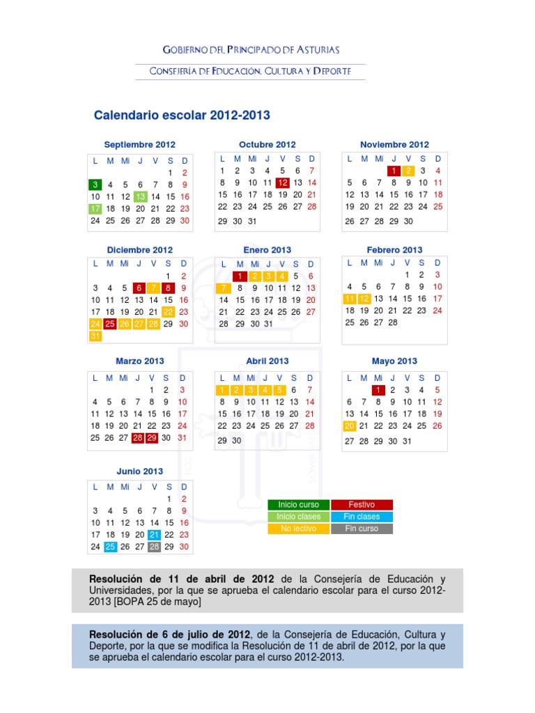 Calendario Escolar 2012-2013 | PDF