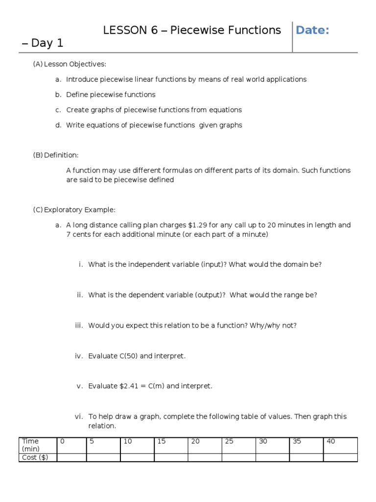 Piecewise Functions Day 1 With Solutions Pdf Function