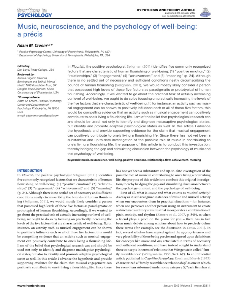 Music Neuroscience and Psychology of Well-Being | PDF | Affect ...