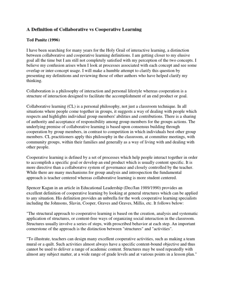 A Definition of Collaborative Vs Cooperative Learning | PDF | Learning ...