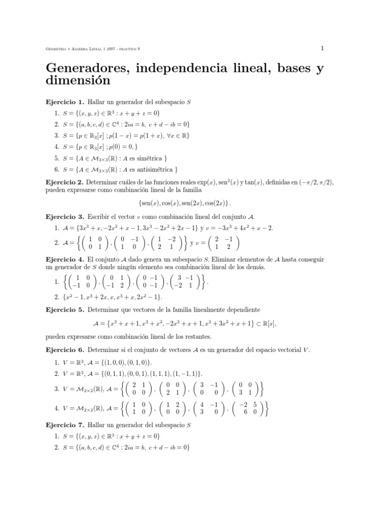 Algebra - Generadores, Independencia Lineal, Bases y Dimensión | PDF | Espacio vectorial | Espacio