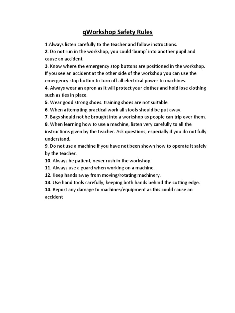 Workshop Safety Rules | PDF | Drill | Equipment