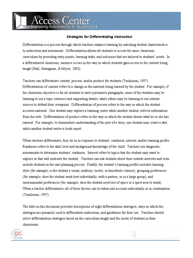 Differentiation Strategies Tool | PDF | Differentiated Instruction ...