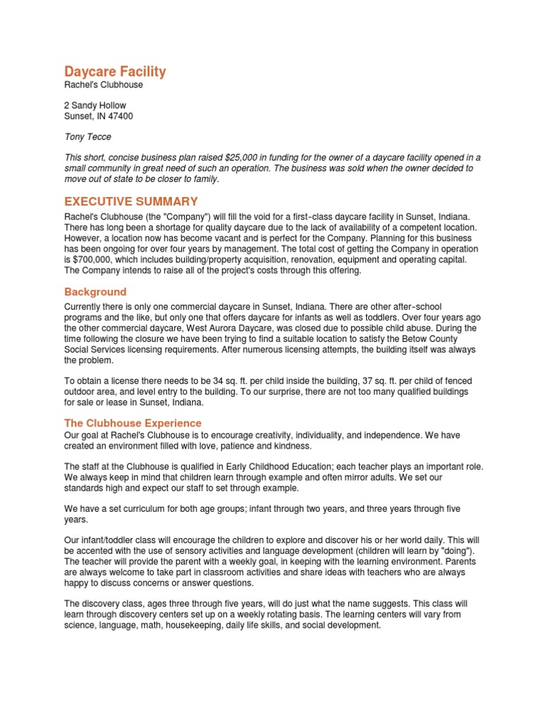 Daycare Facility: Executive Summary | PDF | Day Care | Teachers