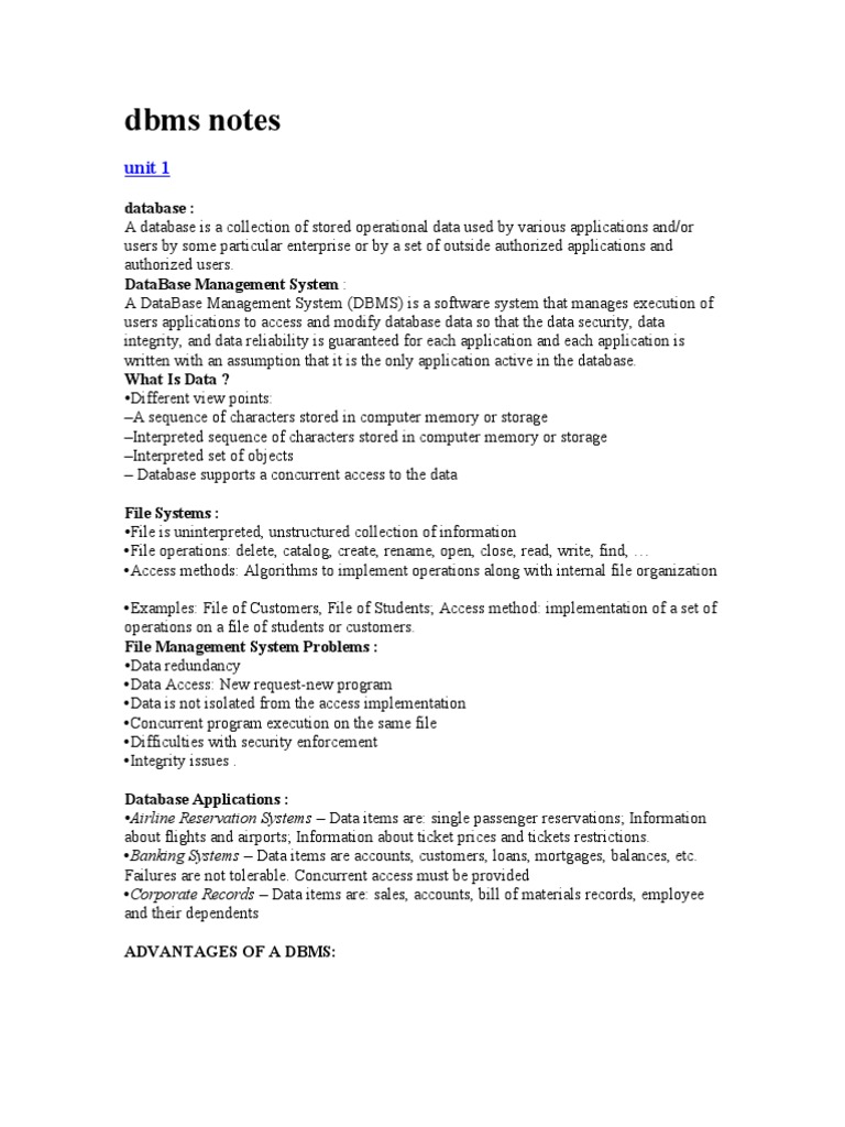 Dbms Notes Unit 1 Pdf Databases Data Model