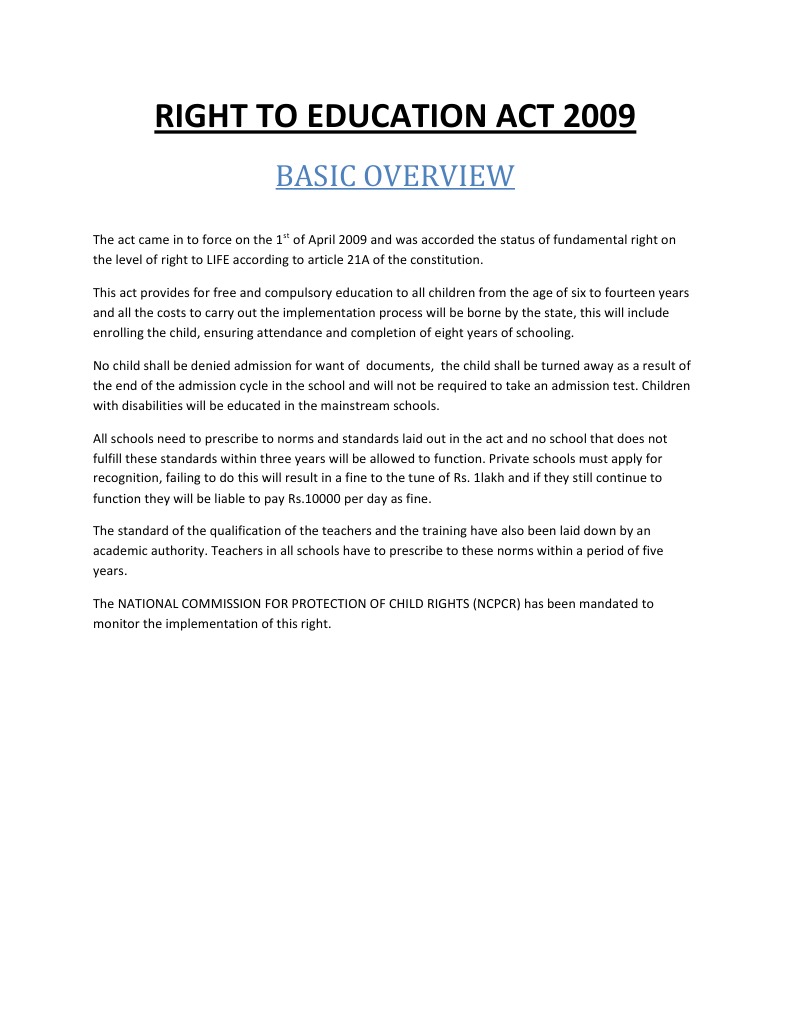 Right To Education Act 2009 | PDF