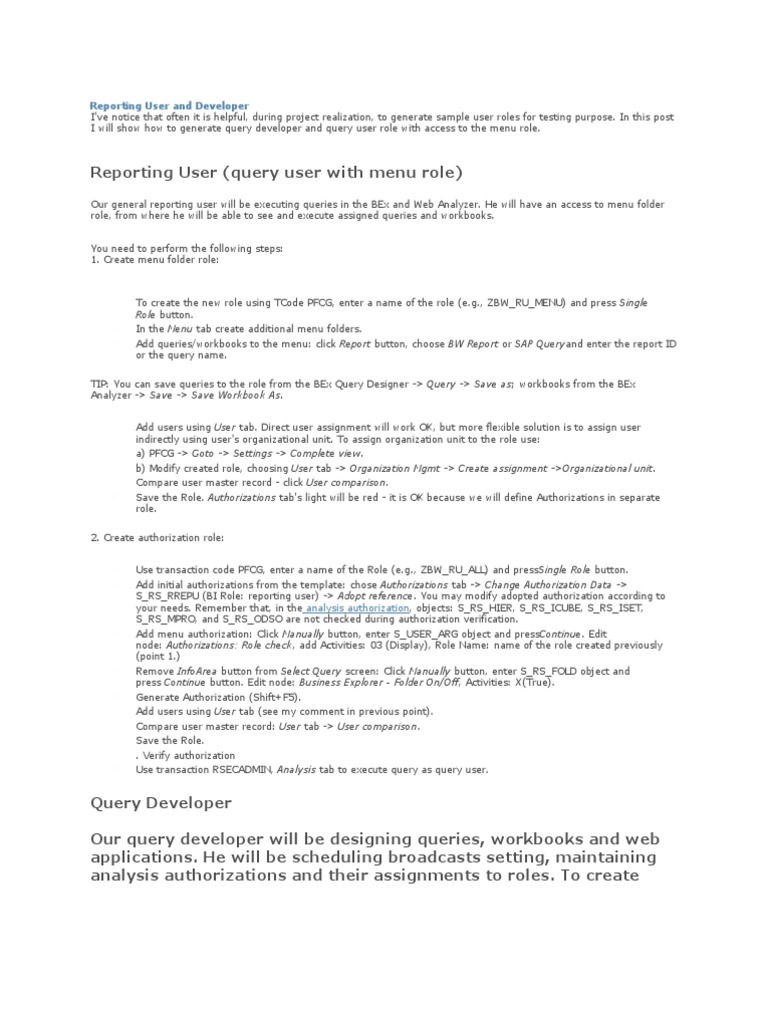 Roles in SAP BI | PDF | Information Technology Management | Software