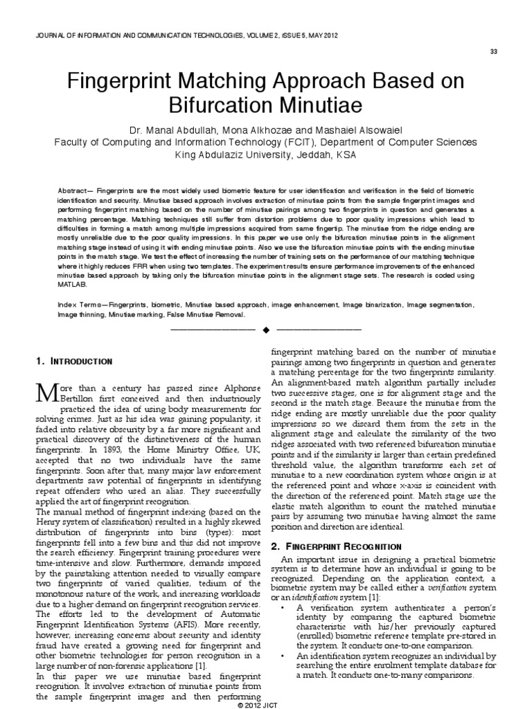 Fingerprint Matching Approach Based On Bifurcation Minutiae | PDF ...