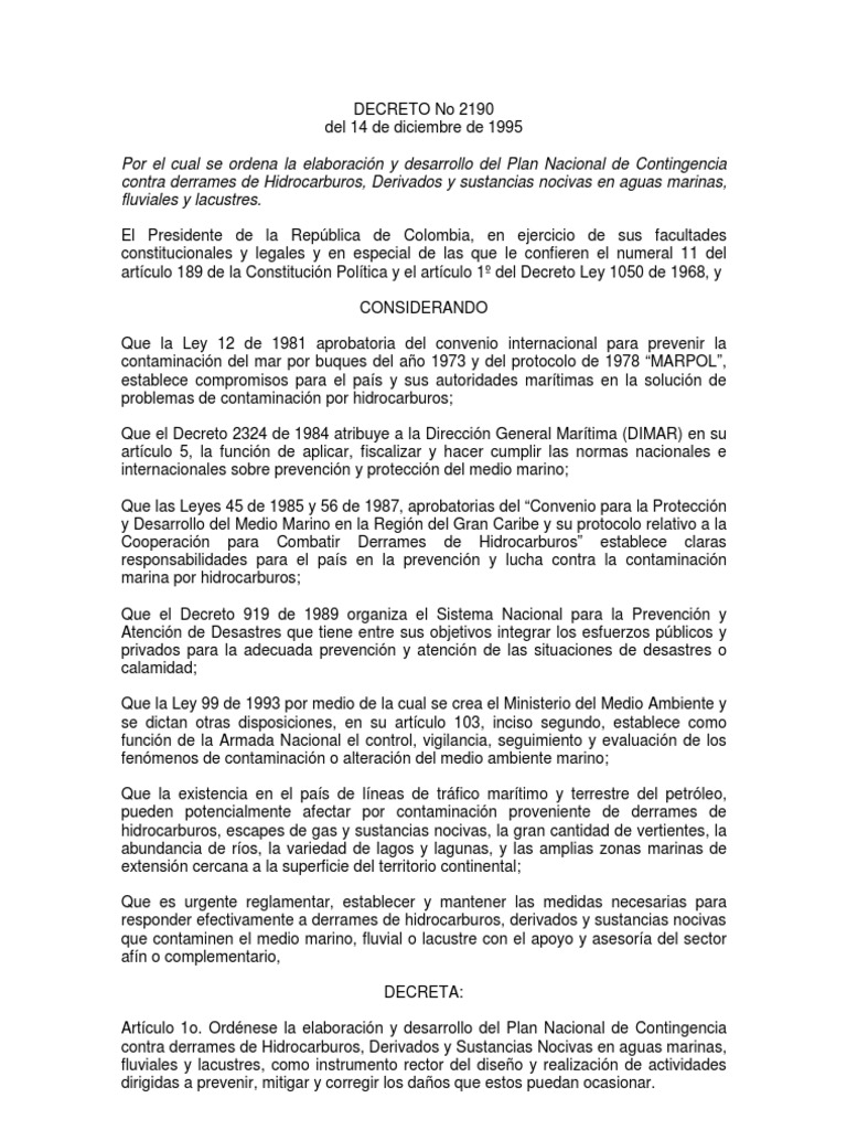 Decreto 2190 de 1995 | PDF | Contaminación | Colombia