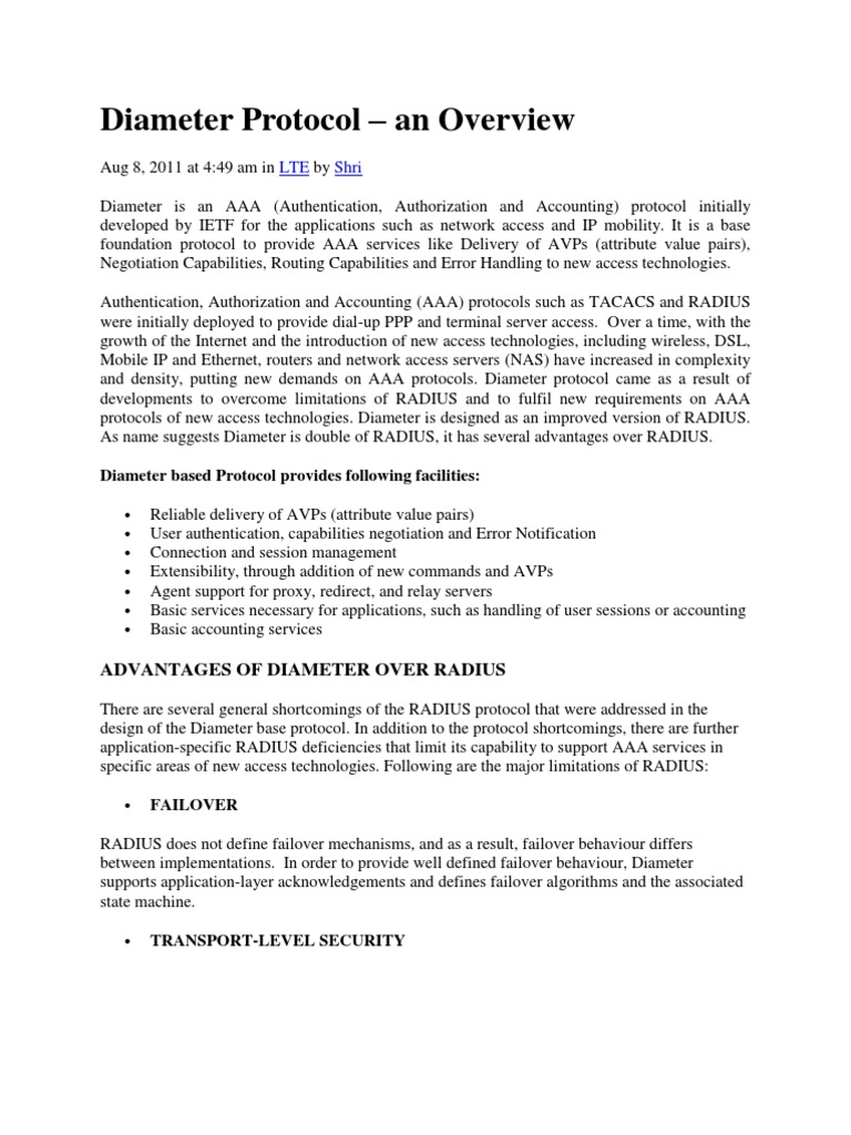 Diameter Protocol - An Overview: LTE Shri | PDF | Radius | Internet ...
