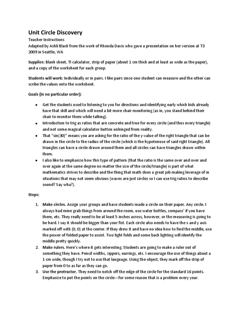 Unit Circle Discovery Project | PDF | Trigonometric Functions | Trigonometry