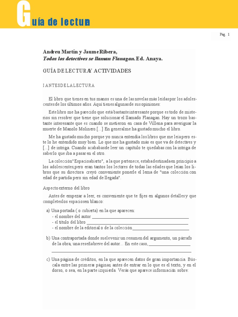 Actividades Todos Los Detectives Se Llaman Flanagan | PDF | Novelas ...