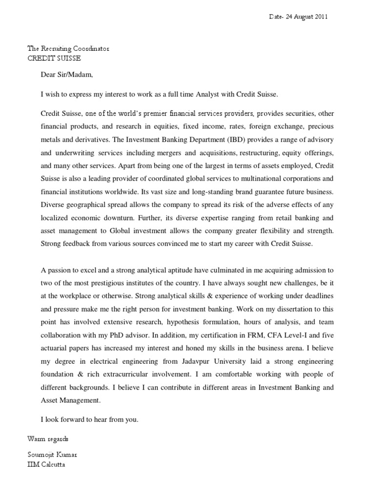 Credit Suisse Cover Letter Credit Suisse Cover Letter