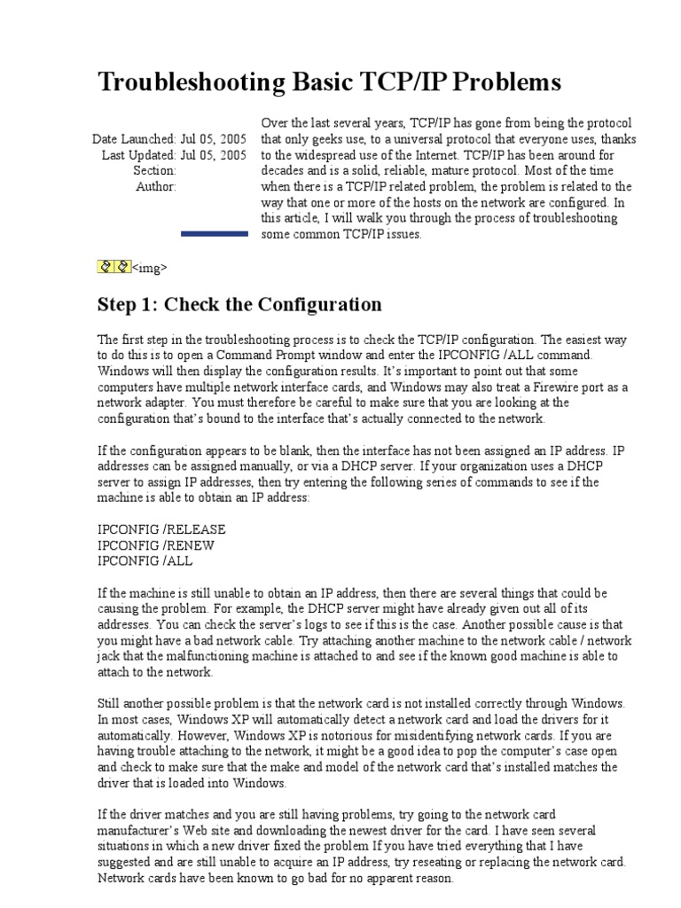 Troubleshooting Basic TCP/IP Problems: Step 1: Check The Configuration | PDF | Ip Address ...
