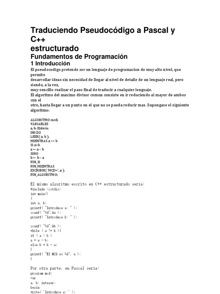 Traduciendo Pseudocódigo A Pascal y C | PDF | Algoritmos | Lenguaje de programación