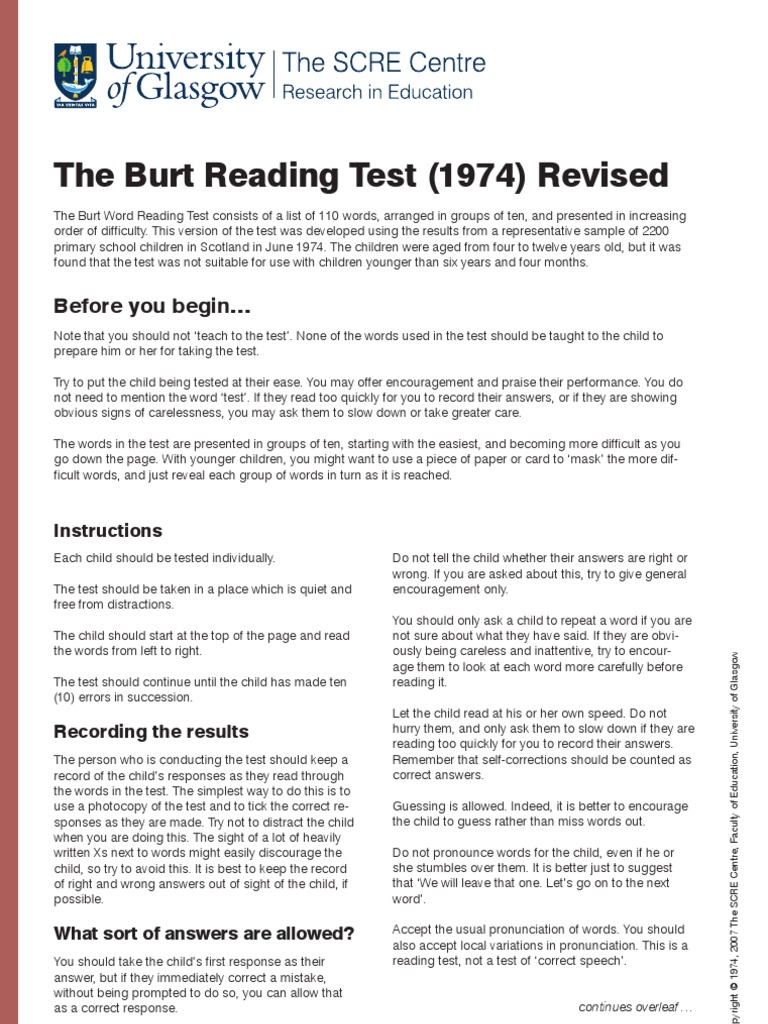 Burt Reading Age Test | PDF