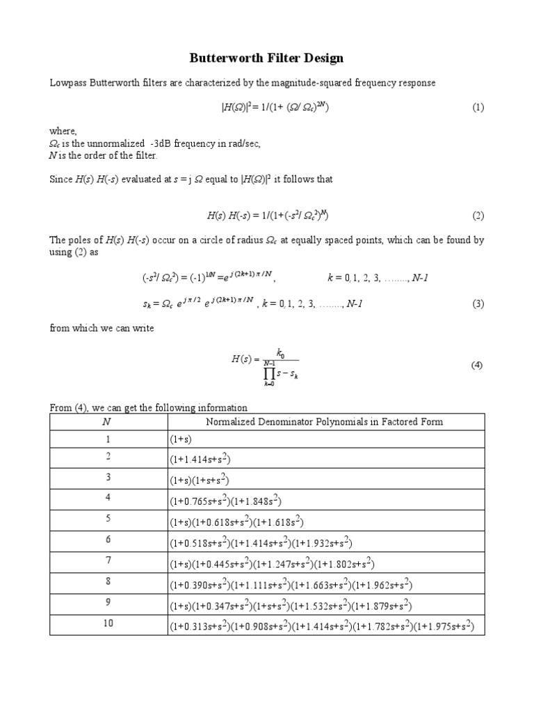 Butterworth Filter Design: Ω N is the order of the filter | PDF | Low ...