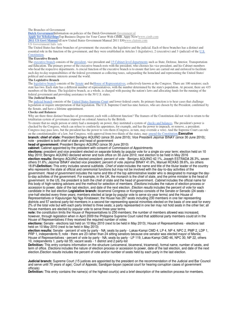 The Branches of Government | PDF | Federal Government Of The United ...