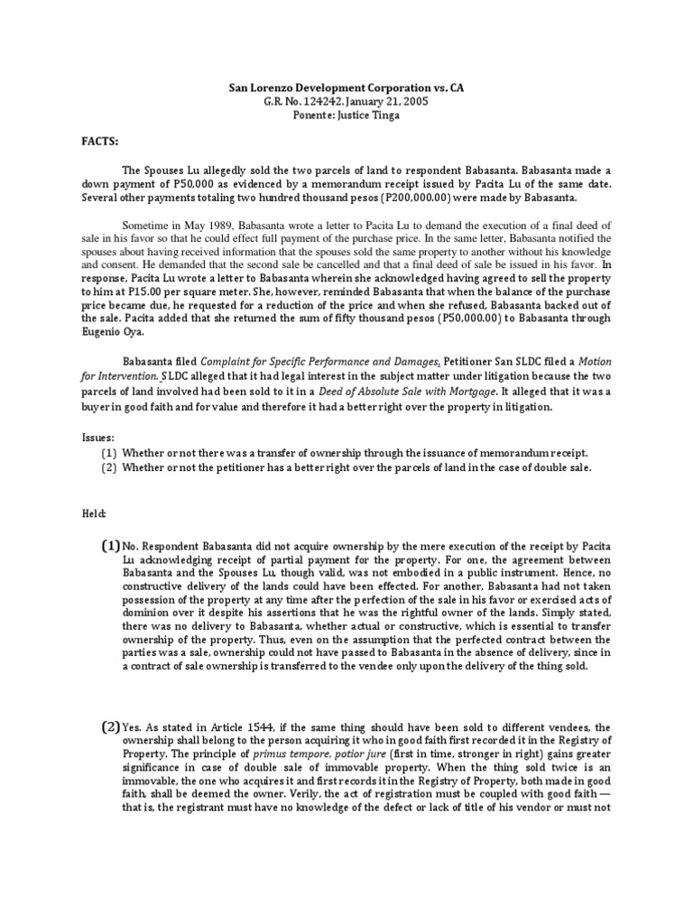 San Lorenzo vs. CA: Ownership Dispute | PDF | Ownership | Payments