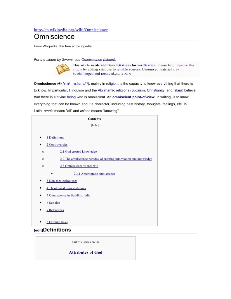 Omniscience: This Article Needs Additional - Please Help by Adding ...