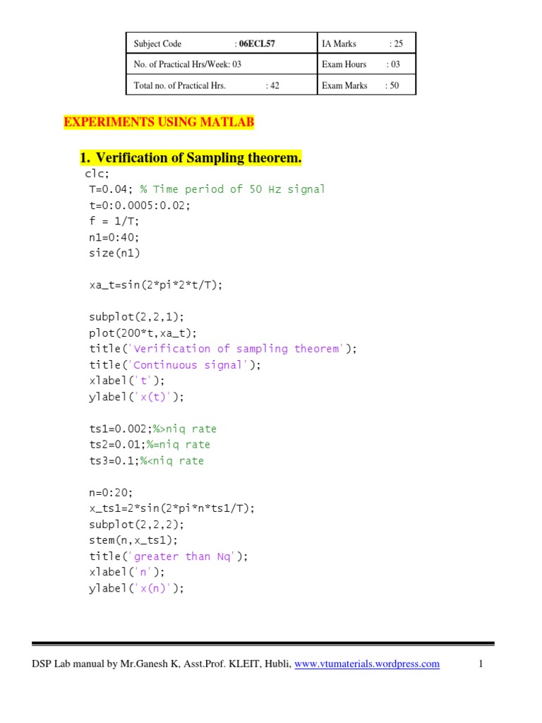 VTU DSP Lab Manual 5th Sem E C Matlab Programs and CCS Studio Programs ...