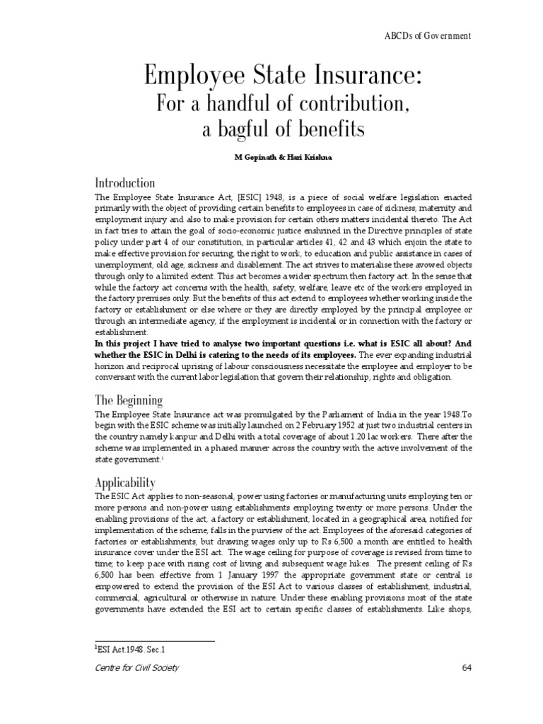 Employee State Insurance:: For A Handful of Contribution, A Bagful of ...