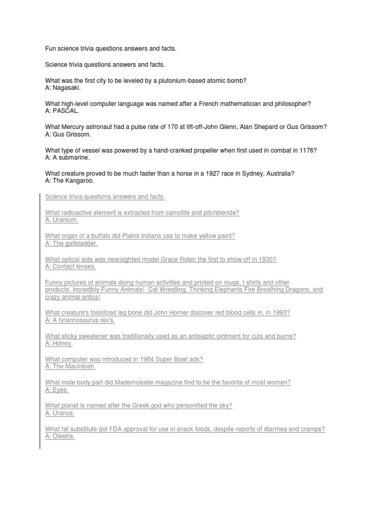 Fun Science Trivia Questions Answers and Facts | PDF | Nature | Science