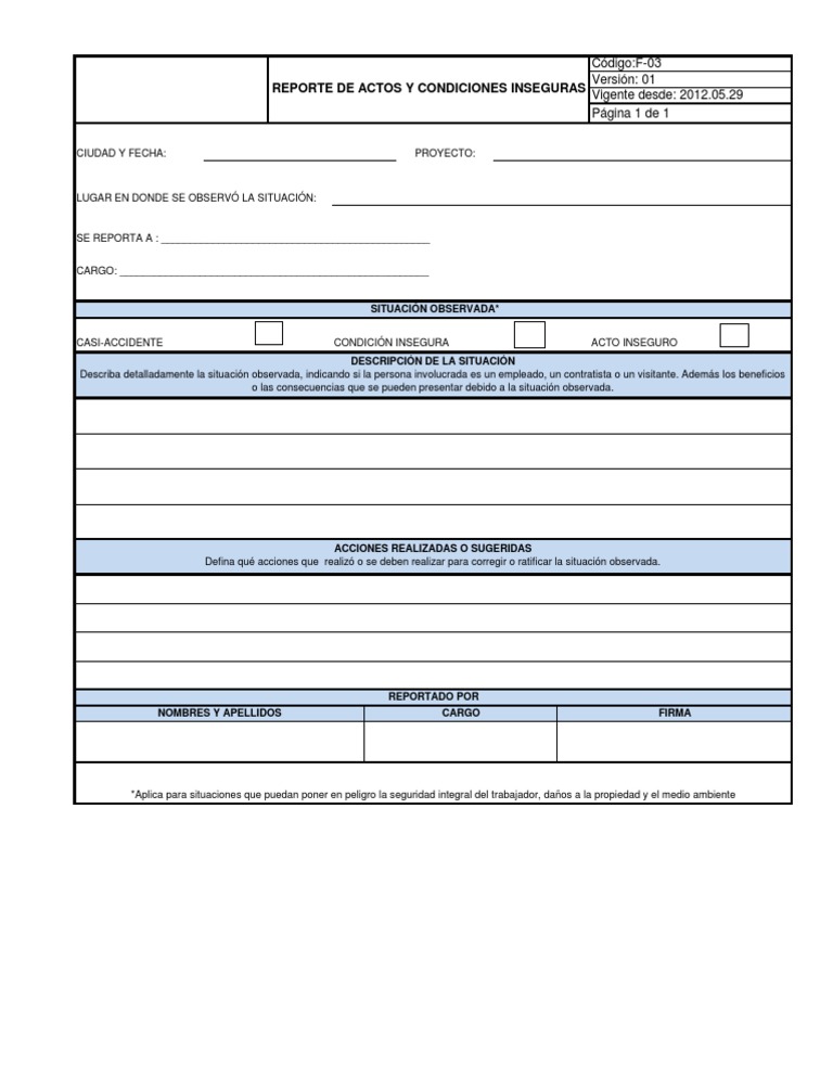 F-03 REPORTE DE ACTOS Y CONDICIONES INSEGURAS Versión 01