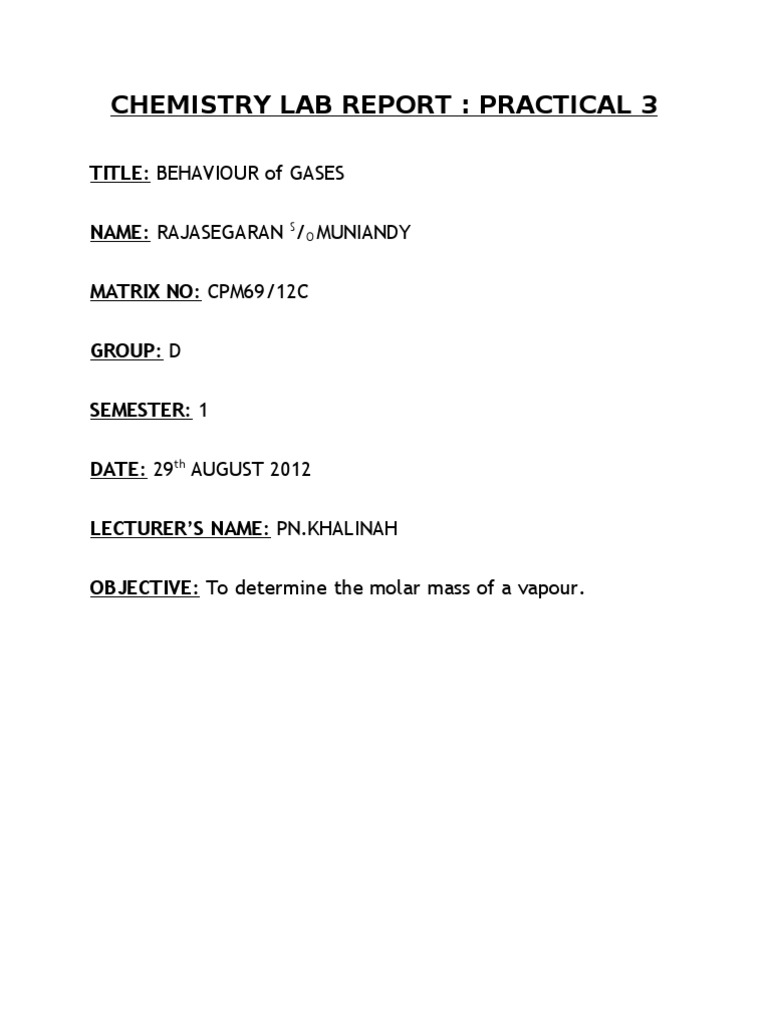 Chemistry Lab Report | PDF | Gases | Mole (Unit)