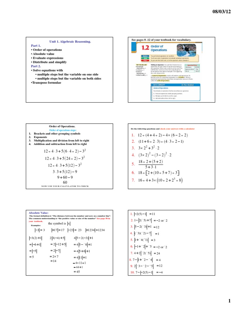 Unit 1. Algebraic Reasoning.: See Pages 8 - 12 of Your Textbook For ...