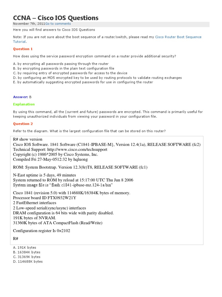 CCNA Cisco IOS Questions | PDF | Booting | Flash Memory