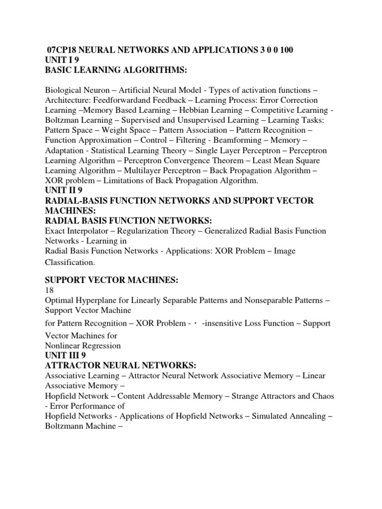 07cp18 Neural Networks and Applications 3 0 0 100 | PDF | Artificial Neural Network | Support ...