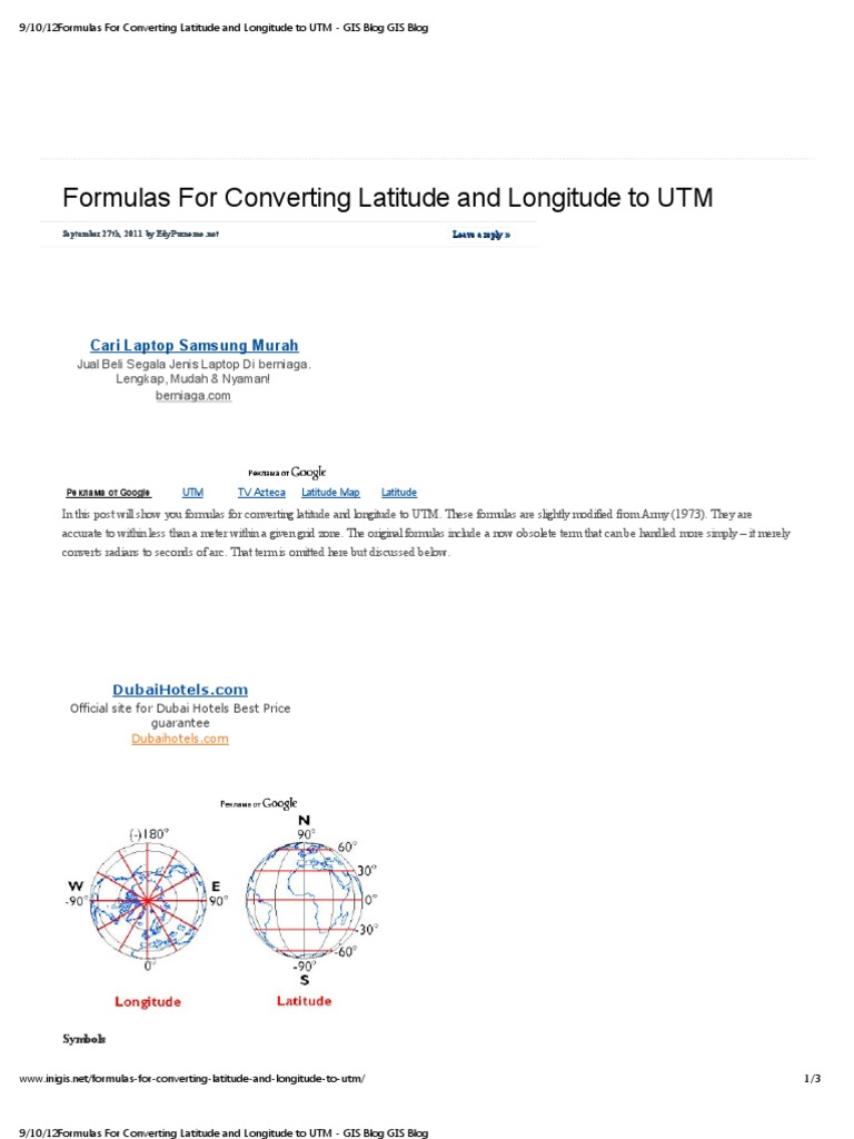 Formulas For Converting Latitude and Longitude To UTM - GIS Blog GIS Blog | PDF | Latitude ...