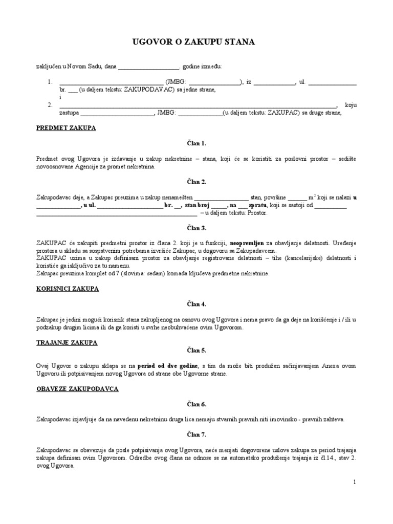 Ugovor o Zakupu Stana Primer | PDF