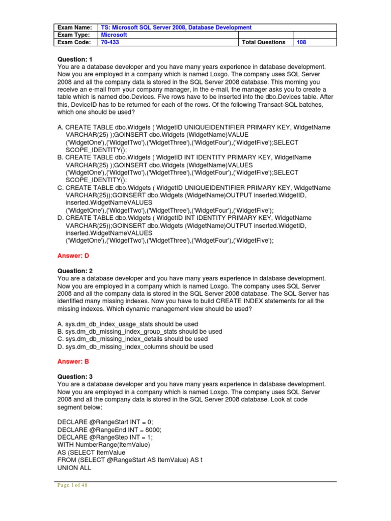 70 433 | PDF | Database Index | Microsoft Sql Server