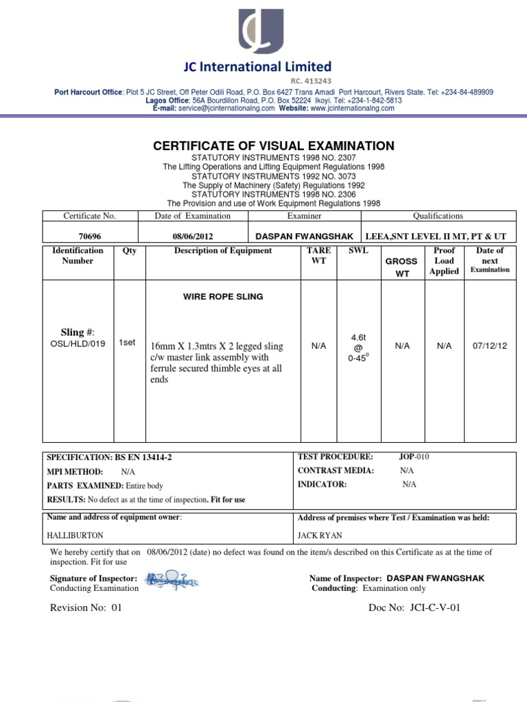 International Limited: Certificate of Visual Examination | PDF | Test ...