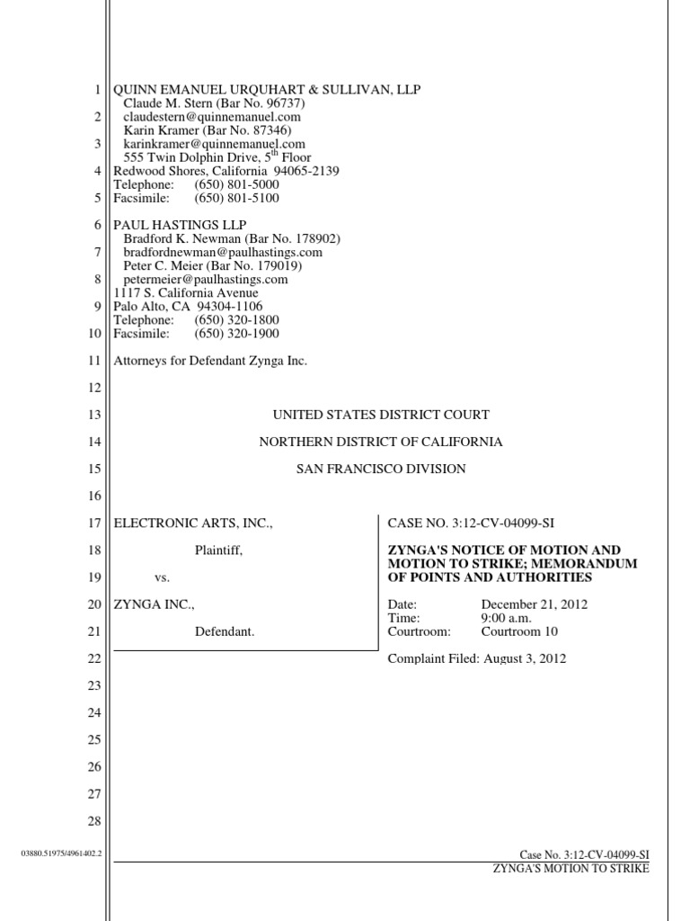 Part 1 Zynga's Motion To Strike | PDF | Complaint | Substantial Similarity