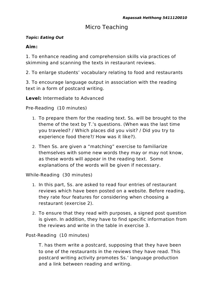 Lesson Plan - Micro Teaching | PDF | Reading (Process) | Pedagogy