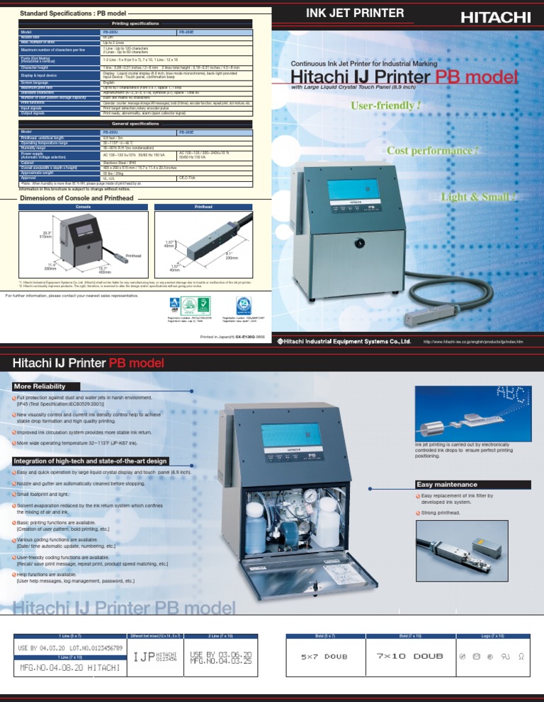 Hitachi PB Series Continuous Inkjet Printers - Brochure | PDF | Printer (Computing) | Electrical ...